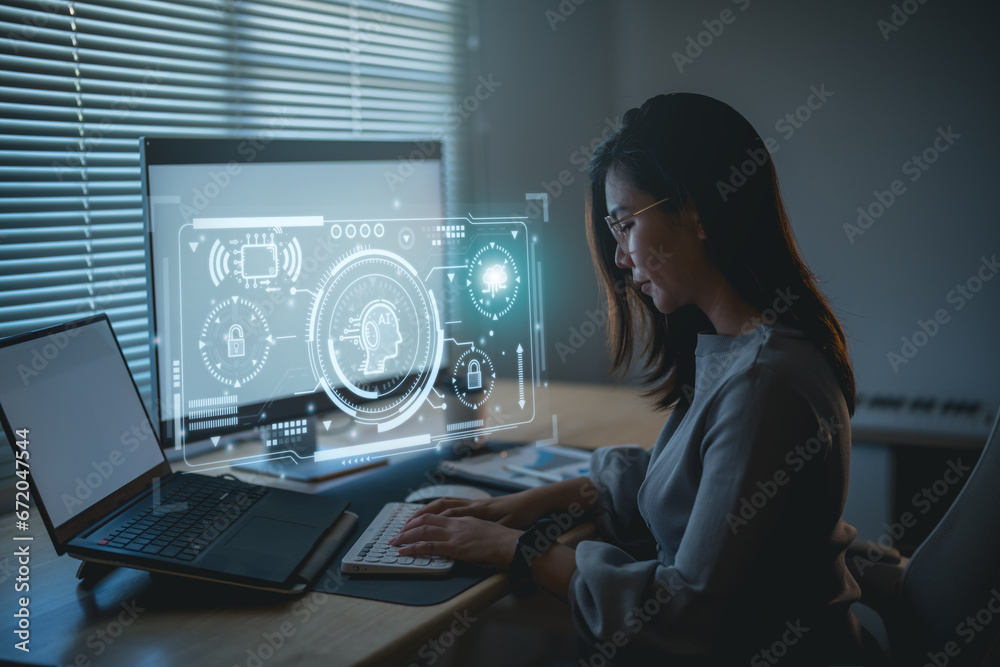 Woman using laptop and touch virtual digital Ai network chain. Digital ...