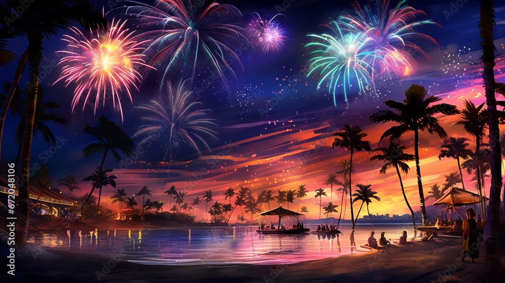Tropical Christmas celebration: digital art of a beach party with ...