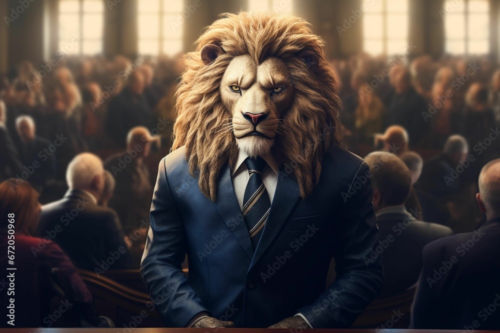 AI generated illustration of a confident lion wearing a smart suit in a ...