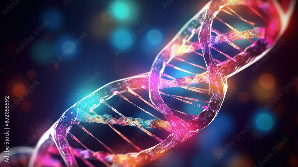 DNA. Study of gene structure of cell. Bright neon light. DNA molecule ...