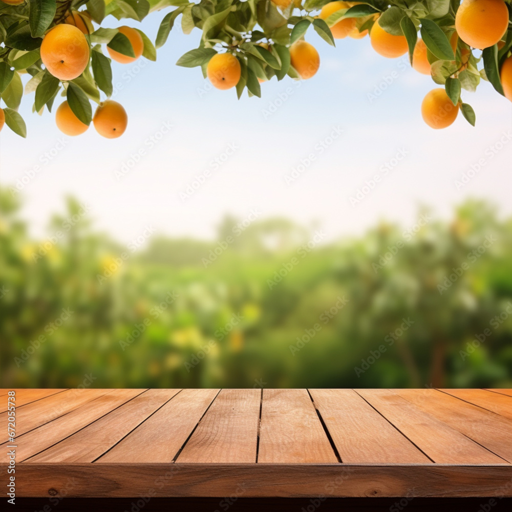 Empty wood table with free space over orange trees, orange field ...