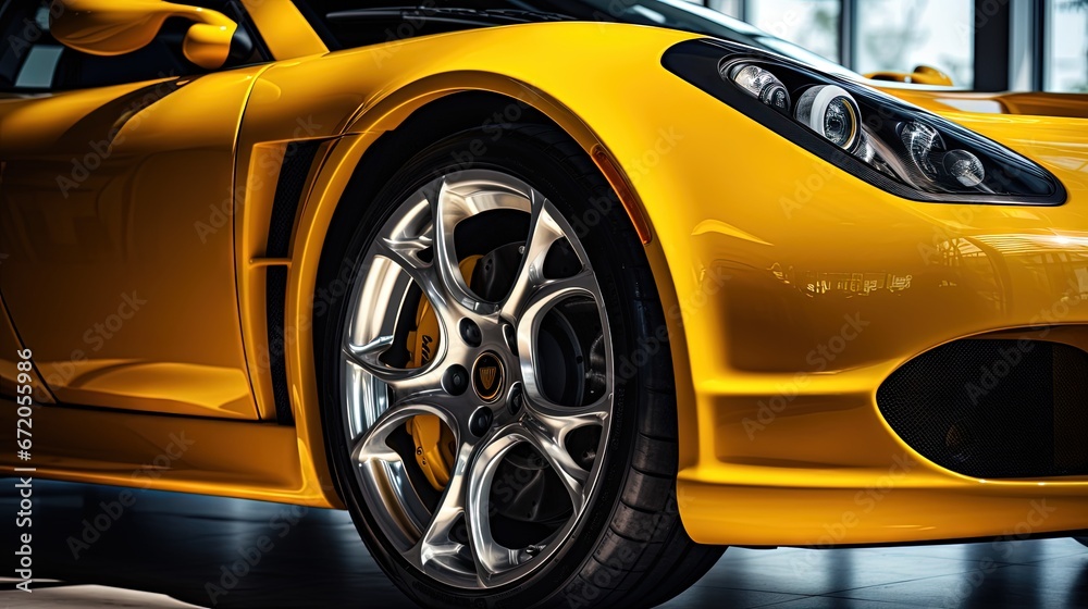 Part of front end of a yellow sport car, headlights and part of wheel ...