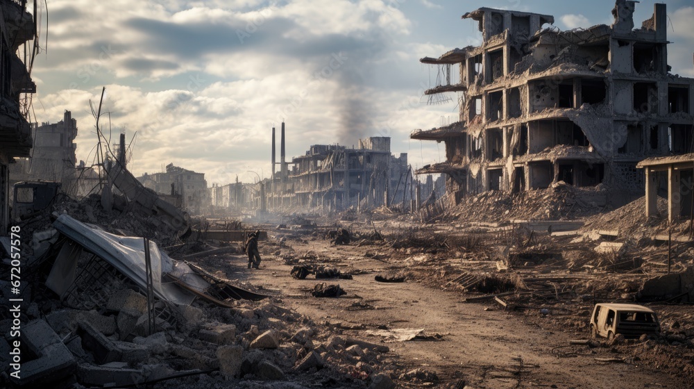 Panoramic view to the destroyed city after the war. Dramatic scene of ...