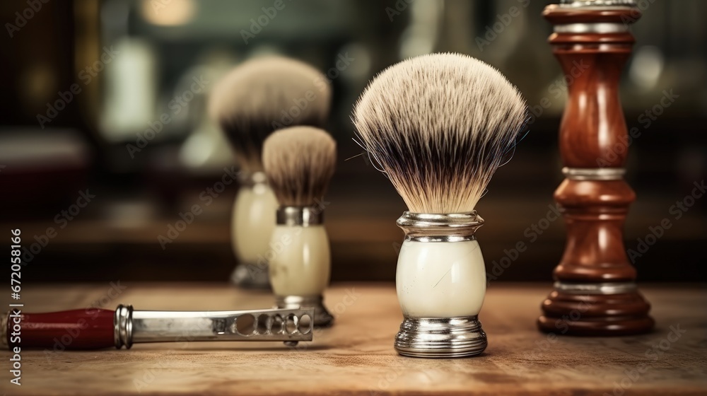 Barber tools. Close-up of elegant old brush with white handle for ...