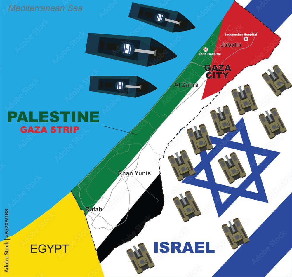 vector map of gaza strip and israel showing israeli army with tanks and ...