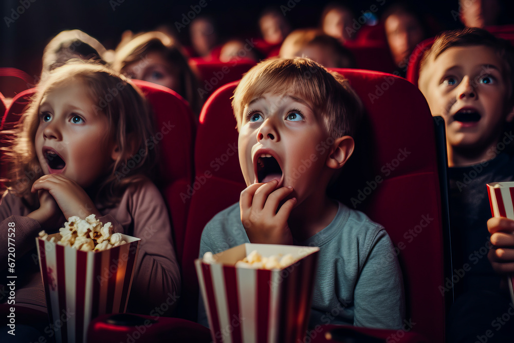Frightened child watching scary movie with popcorn, group of kids. foto ...