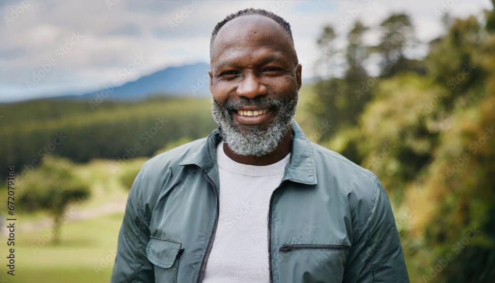 Happy older bearded man standing in nature park outdoors and laughing ...