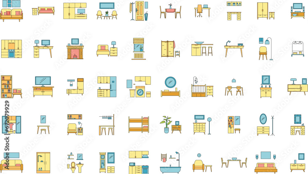 Interior room. Objects in house. Home inside furniture icons set ...