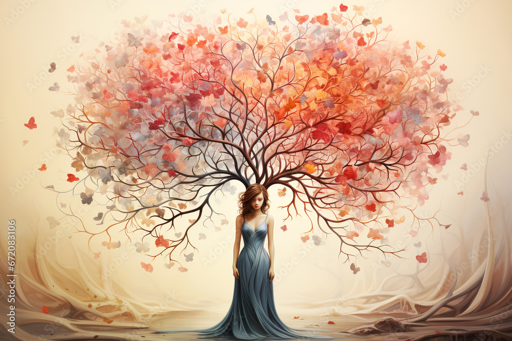 Human mind growing with a tree of flowers, positive thinking, creative ...