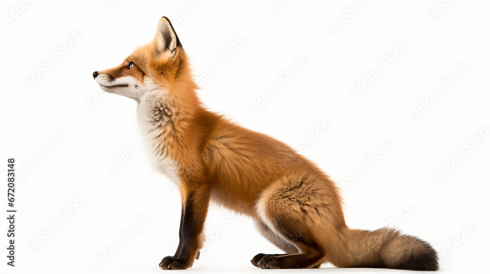 Side view of a Red fox looking up two years old isolated on white ...