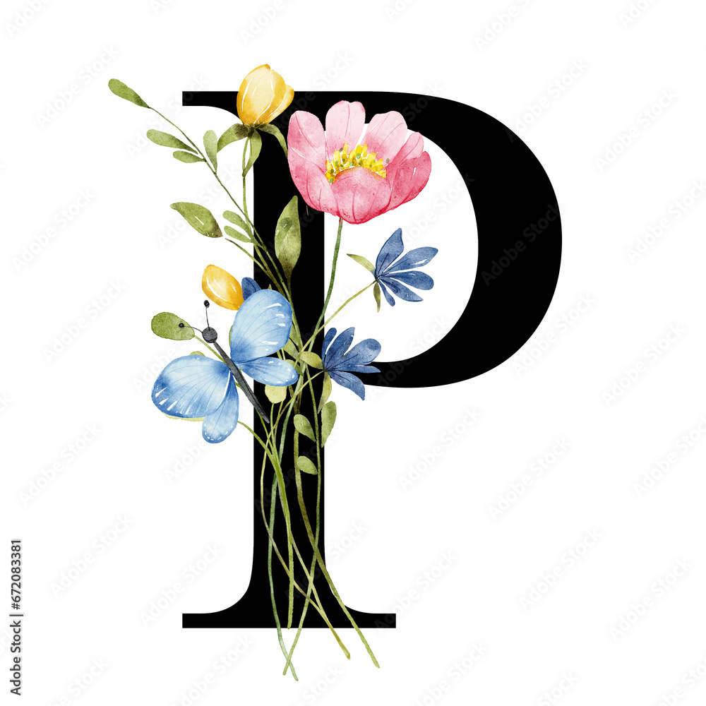 Letter P with watercolor flowers and leaf. Floral alphabet, wedding ...