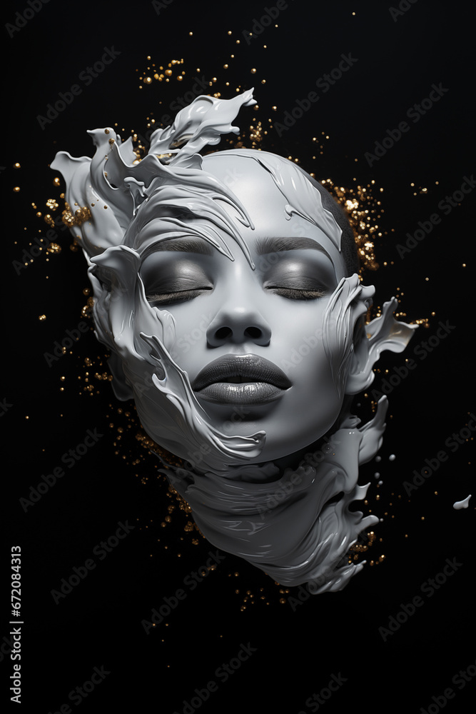 A mesmerizing portrayal of a face enveloped in liquid silver, adorned ...