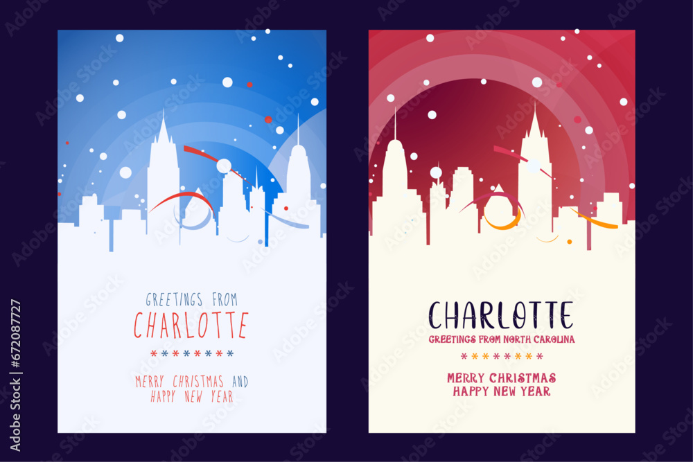 Charlotte city poster with Christmas skyline, cityscape, landmarks ...