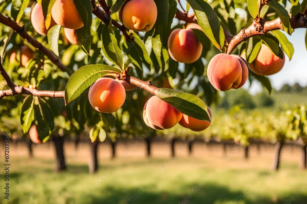 Fruit farm with peach trees. Branch with natural peaches on blurred ...