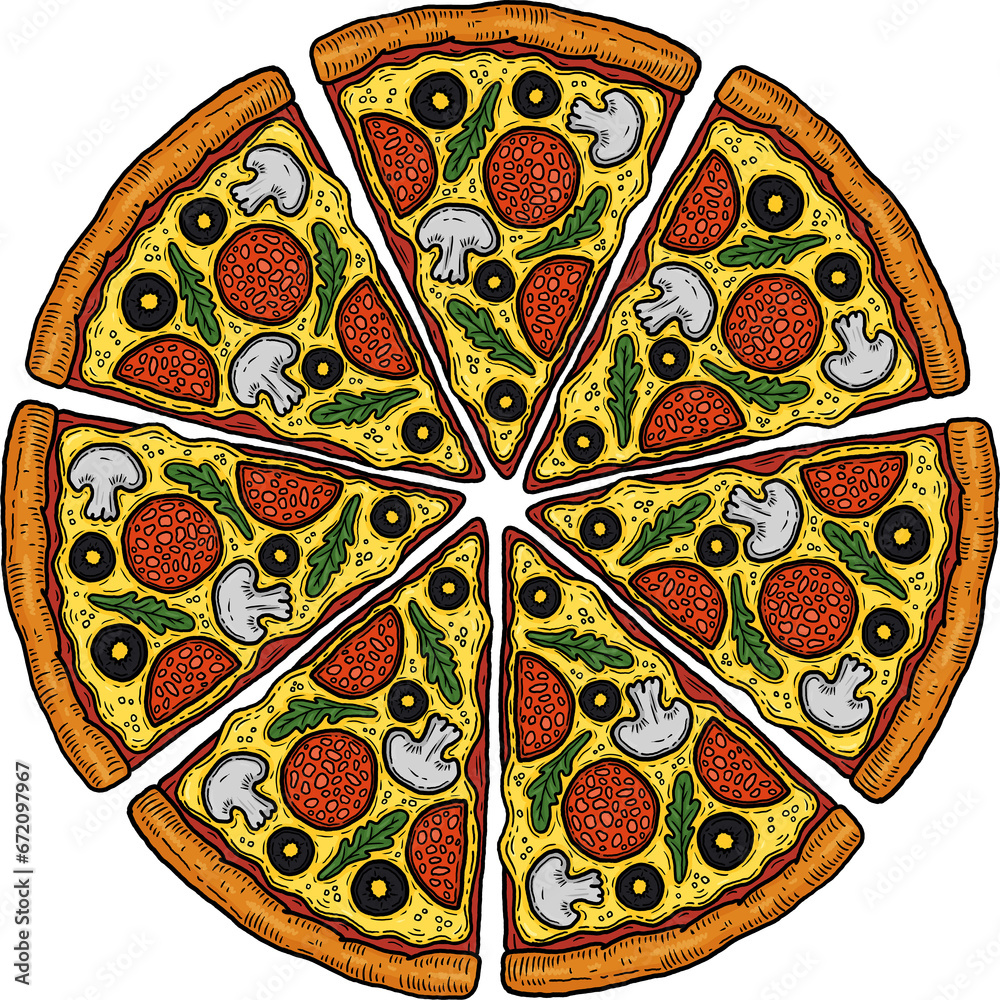 sliced round pizza illustration cartoon style transparent background ...