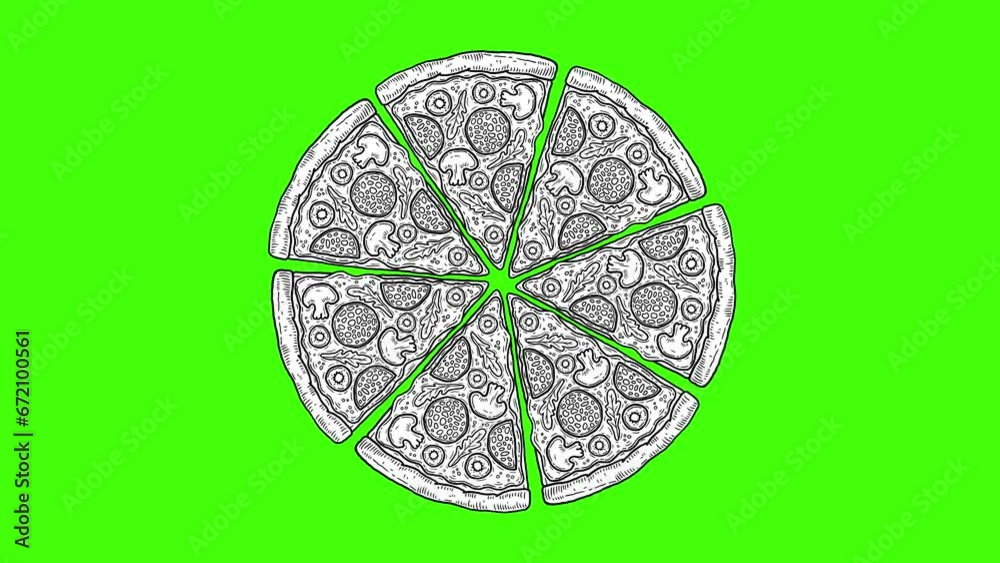Spinning pizza cartoon illustration chroma key background black and ...