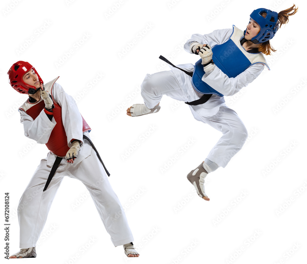 Jumping kick. Dynamic portrait of two young women, taekwondo ...