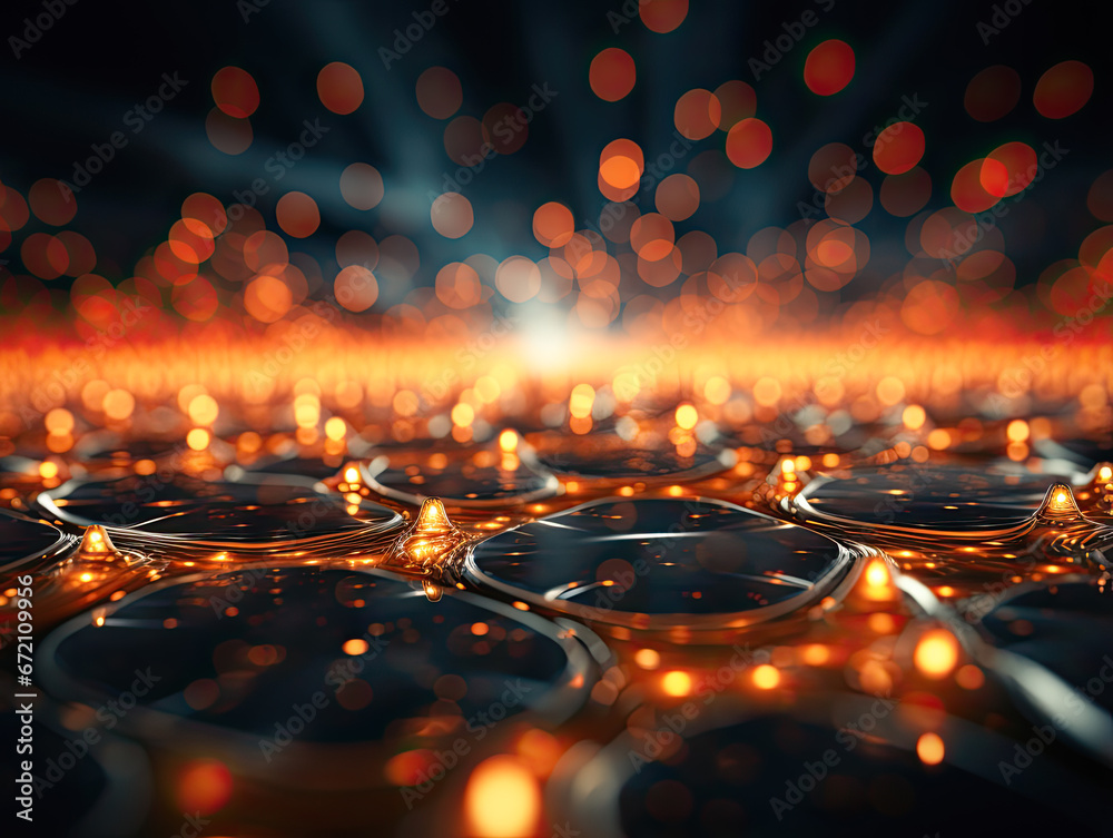 Glowing particles create a line and abstract surface grid in a science ...