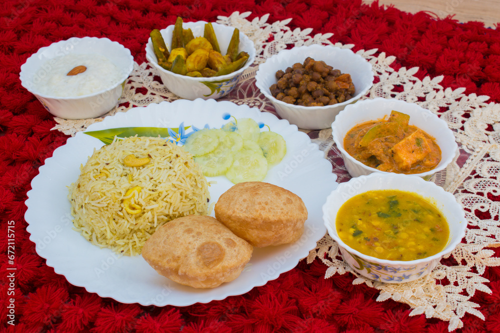 North Indian Thali without Onion Garlic . Indian Food including pulav ...