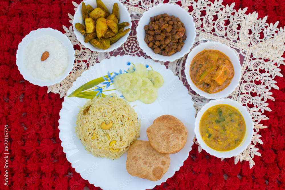 North Indian Thali without Onion Garlic . Indian Food including pulav ...