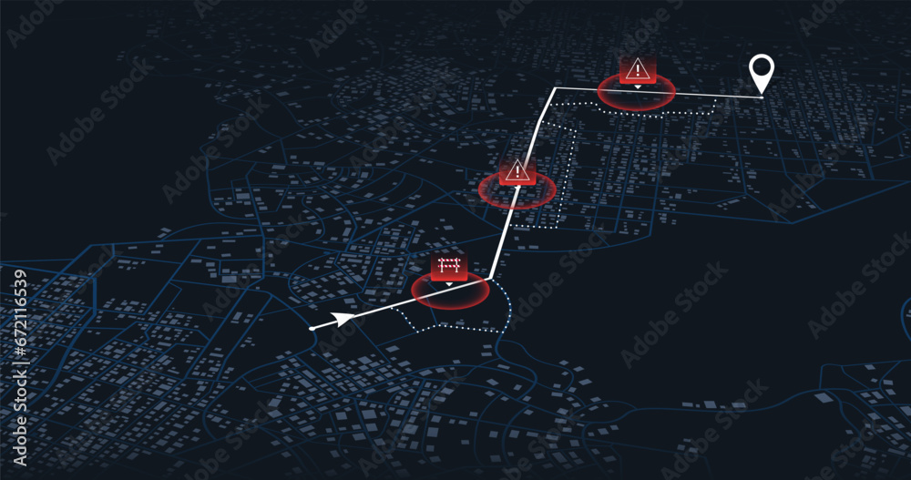Abstract map with blocked streets, fenced off sections of the path ...