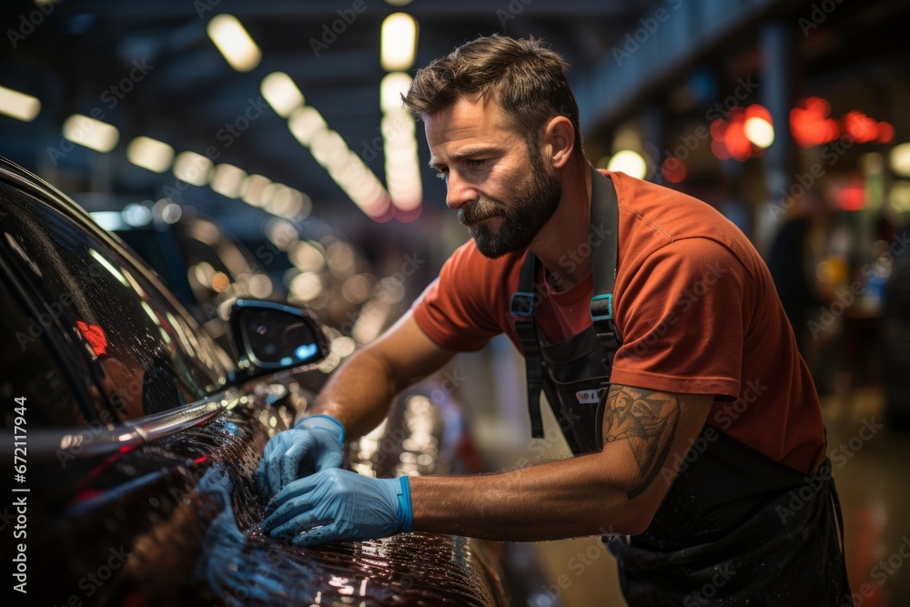 Car wash employee polishing a vehicle's exterior to a sparkling shine ...