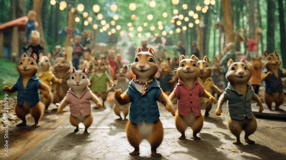 AI generated illustration of a group of chipmunks dancing in the street ...