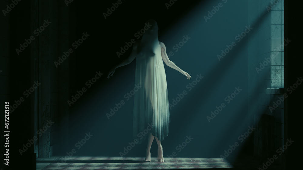 Ghostly figure tall slim ghost asylum abandoned moonlight mist haunting ...