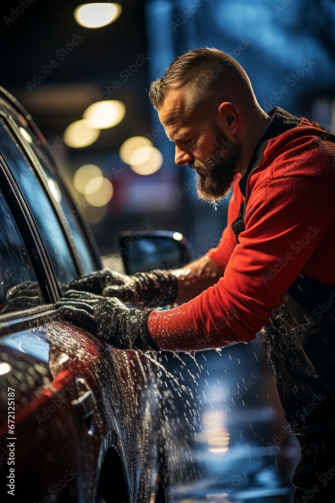 Close-up of an experienced car wash employee's hands as they polish a ...