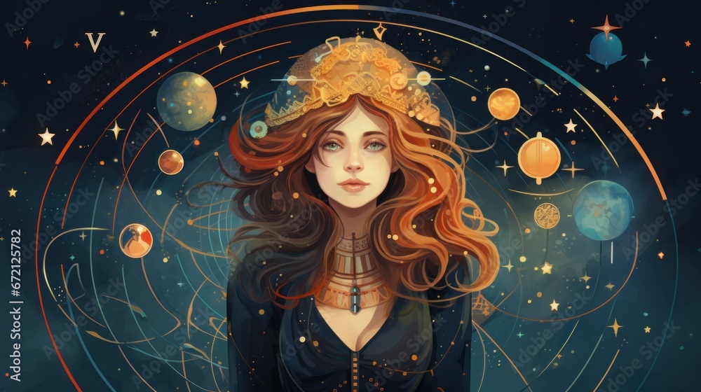 Woman, girl astrologer against the backdrop of the starry sky of the ...