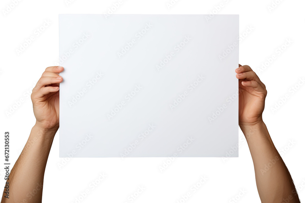 Hands holding blank paper cut out transparent isolated on white ...
