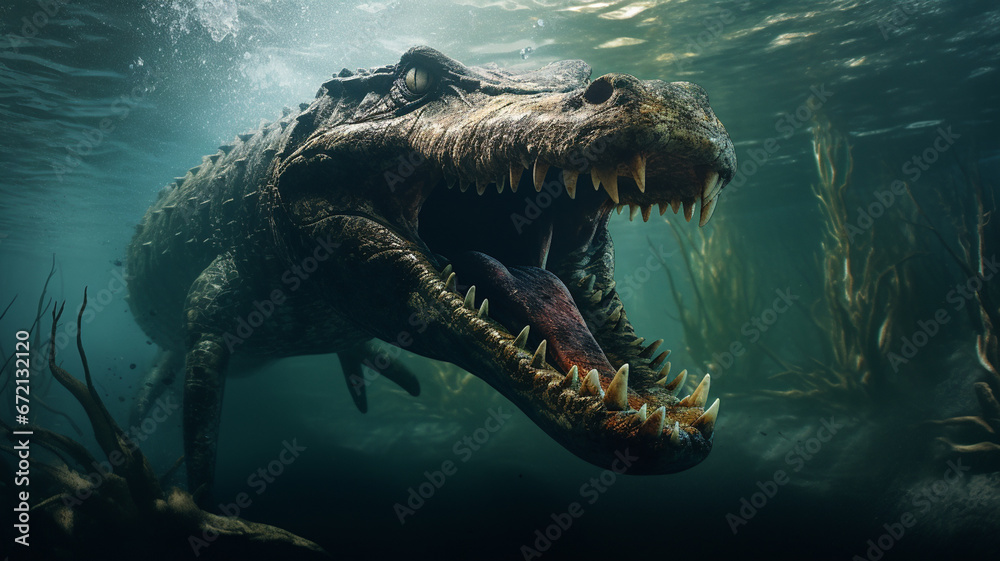 Huge prehistoric alligator underwater Stock Illustration | Adobe Stock