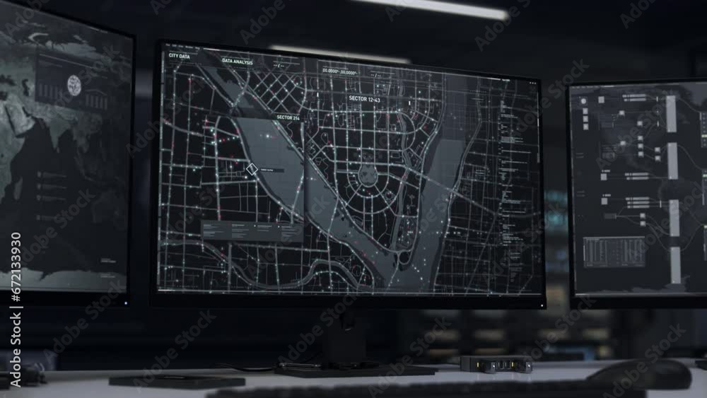 Futuristic ui tracking technology analysing the night city map ...