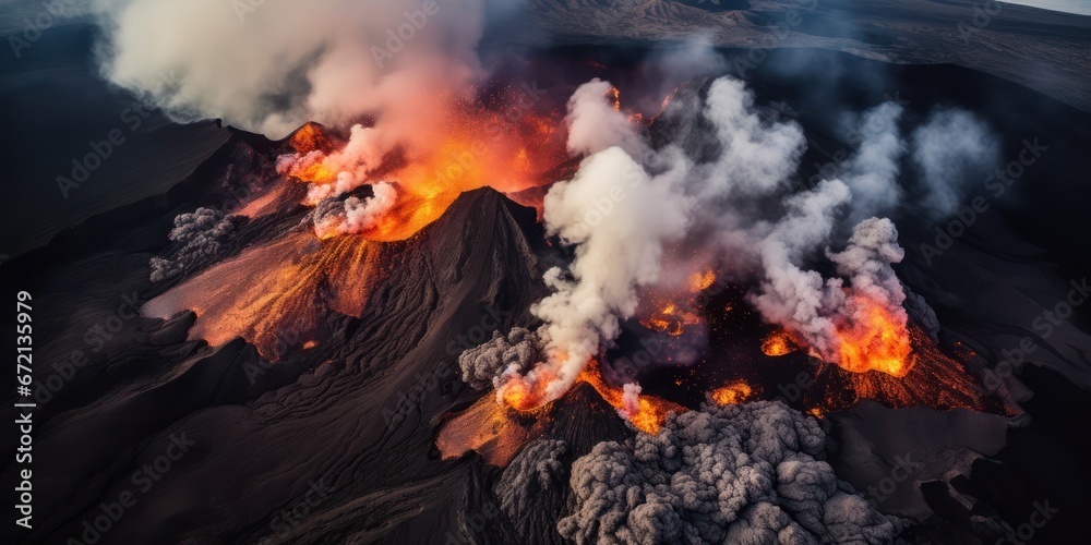 Aerial view of a Volcano Eruption. A massive volcano erupting hot lava ...