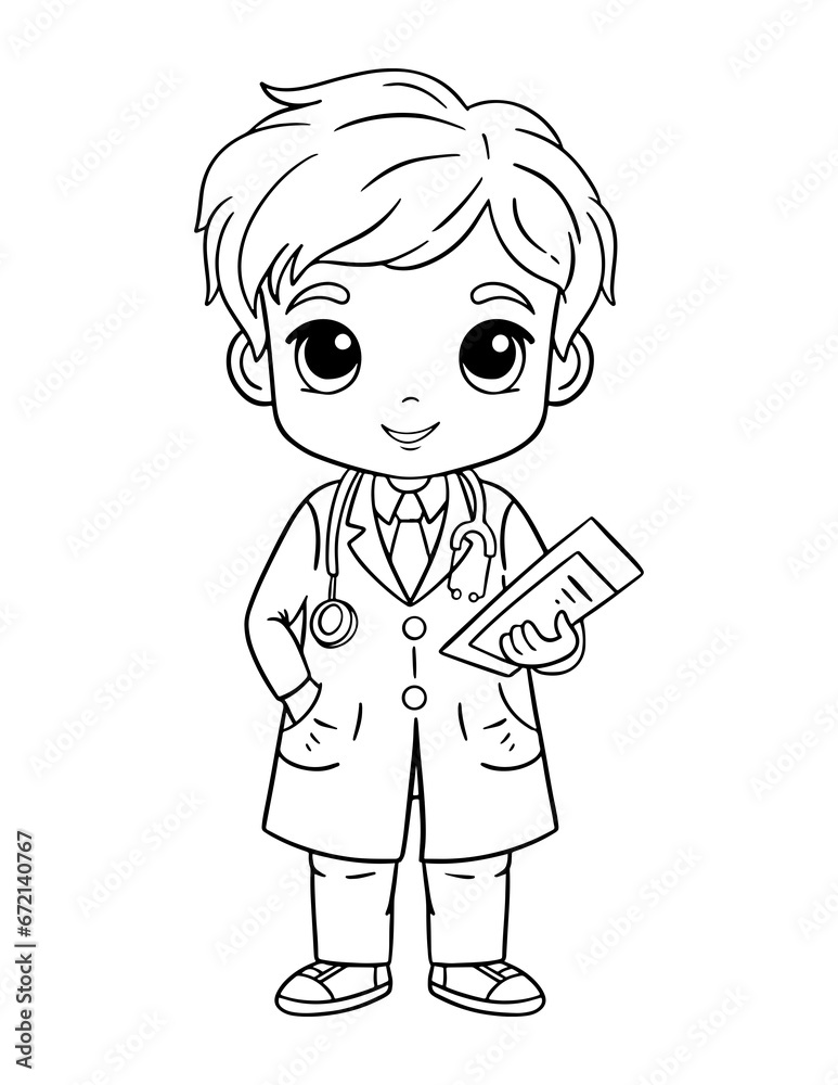Outline illustration of a little boy doctor. Cartoon character for ...