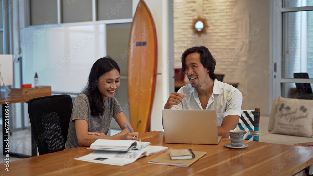 Asian busy people work together cowork office. Colleague girl man ...