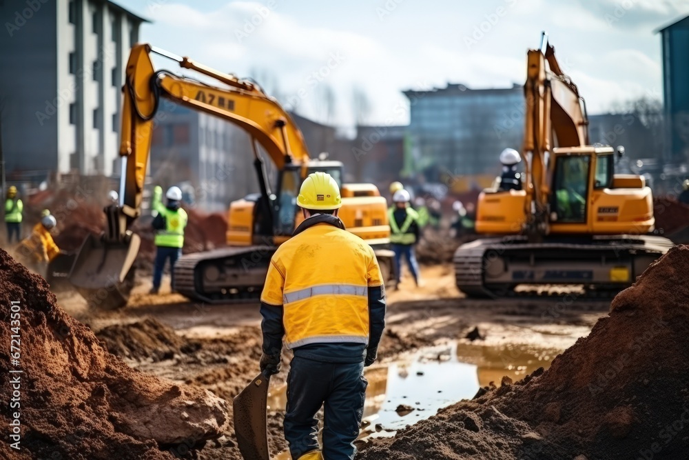 Workers against the backdrop of large construction vehicles. Bulldozers ...