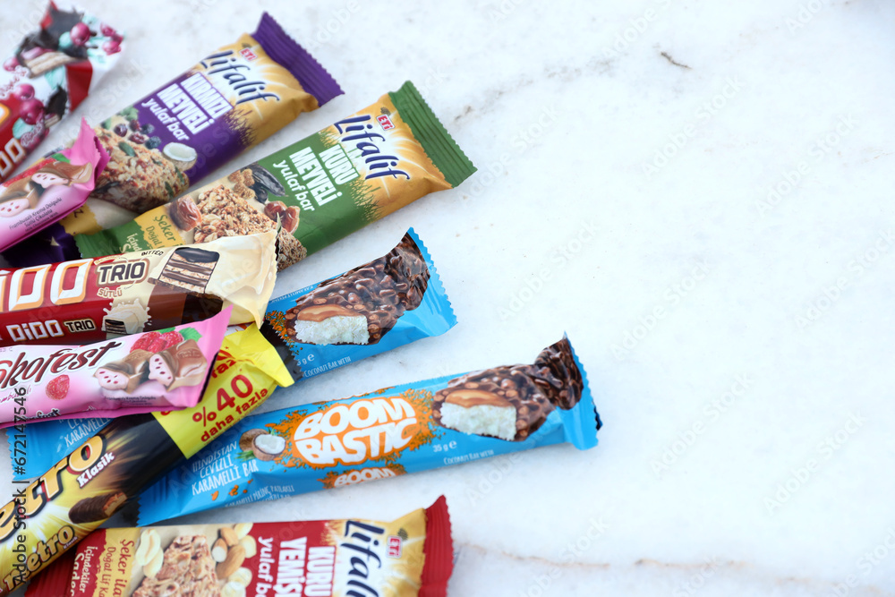 ANTALYA, TURKEY - MAY 18, 2021 Many tasty chocolate bars of various ...