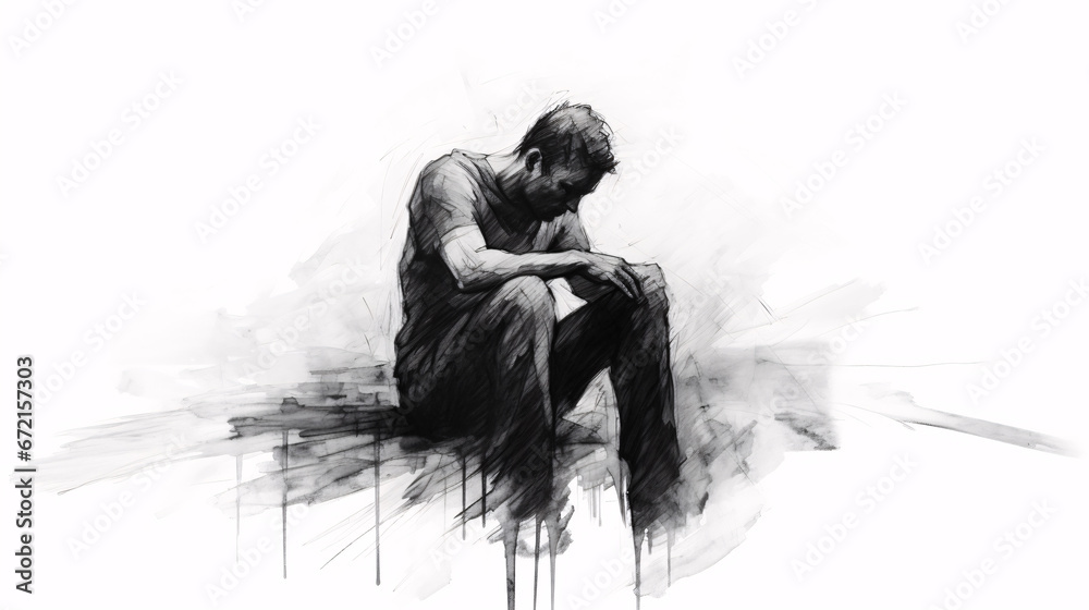 Black Pencil Sketch of Stressed Man on White Background, Perfect for ...