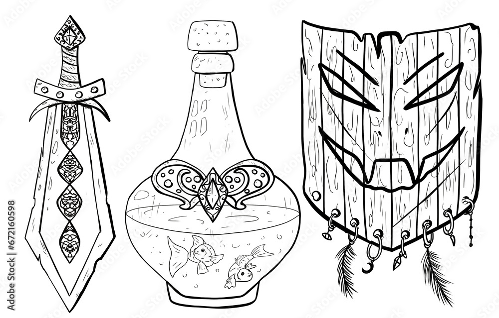 Line drawing of the design of the battle sword and shield, potion ...