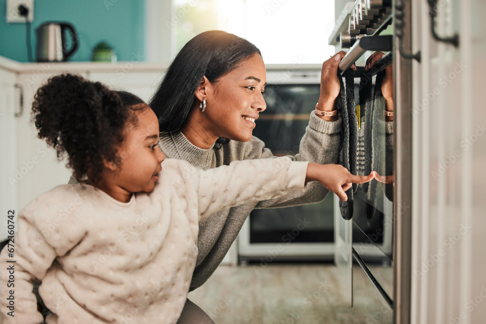 Oven, learning and mother cooking with child in kitchen for development ...