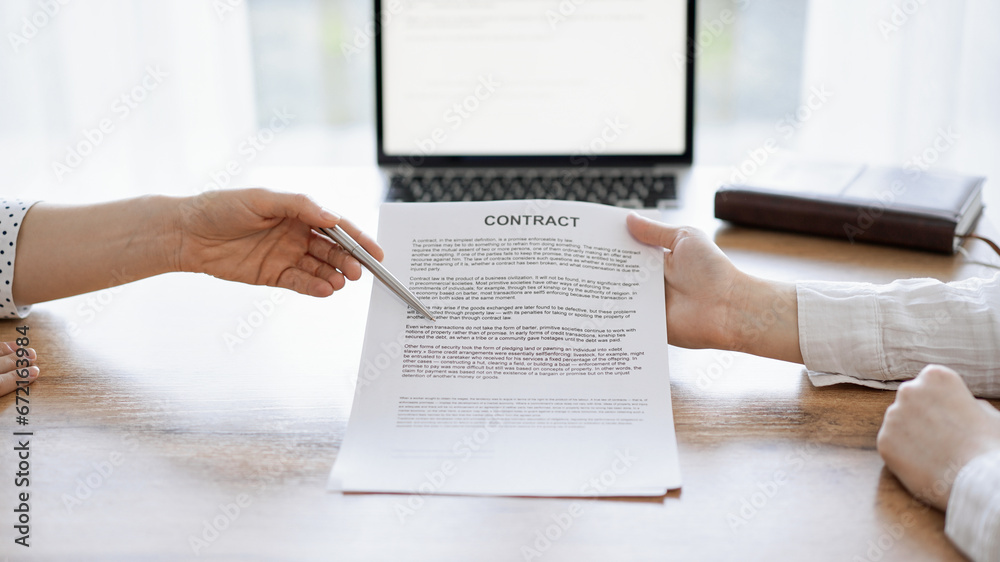 Businesswoman lawyer pointing into contract special points admitting ...