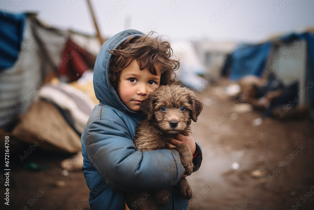 Dirty little orphan kid child hugs holds puppy sad with expression on ...