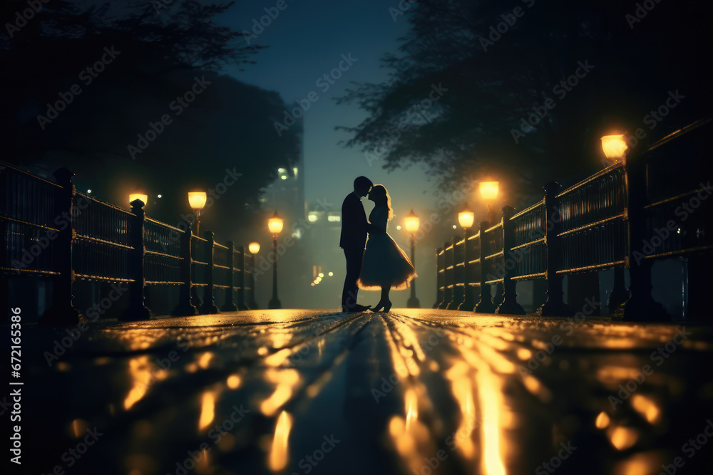 Romantic couple kissing on a city bridge under the glow of street lamps ...