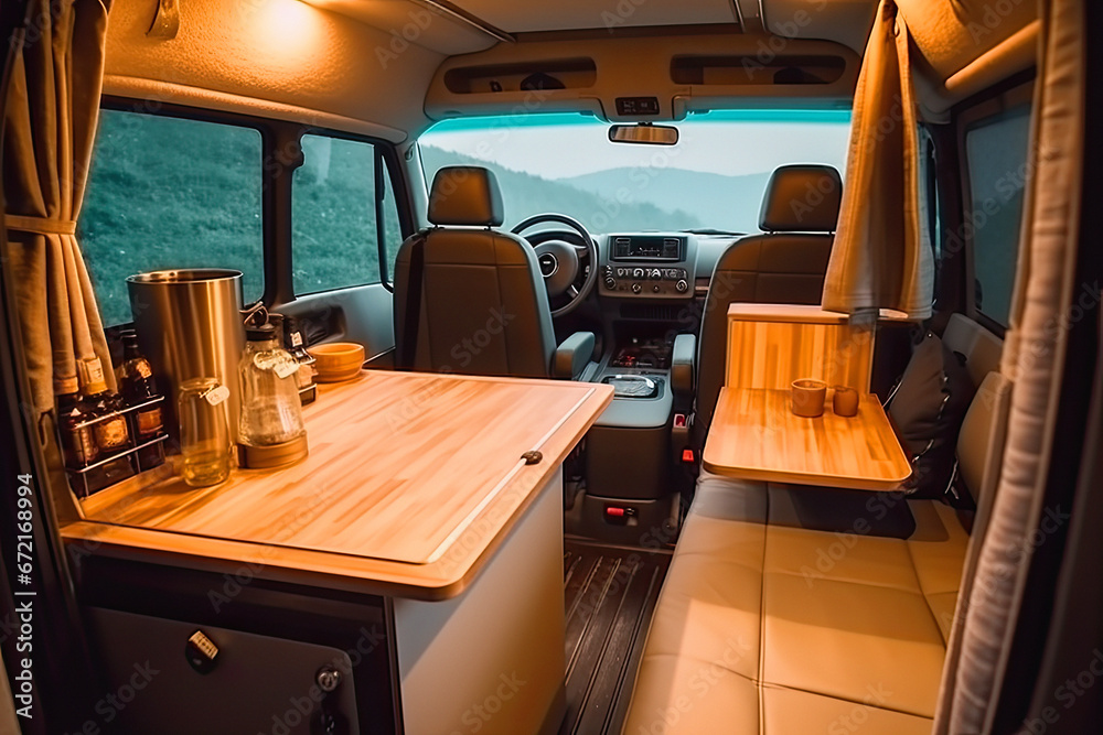 Family car suv conversion camper, interior conversion effect. vintage ...