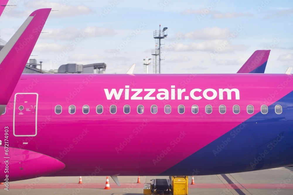 Europe, Norway 20.09.2023 Wizzair logo on the plane close up. Wizzair ...