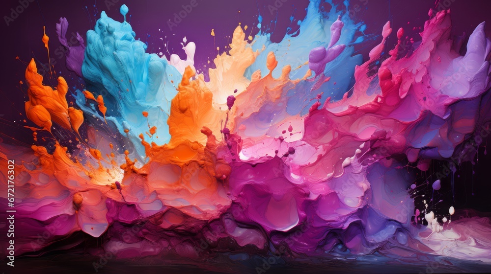 A vibrant explosion of purple paint splatters captures the energy and ...