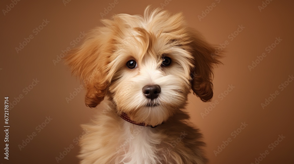 Lovely eskapoo puppy dog, isolated on a background of brown. dog in a ...