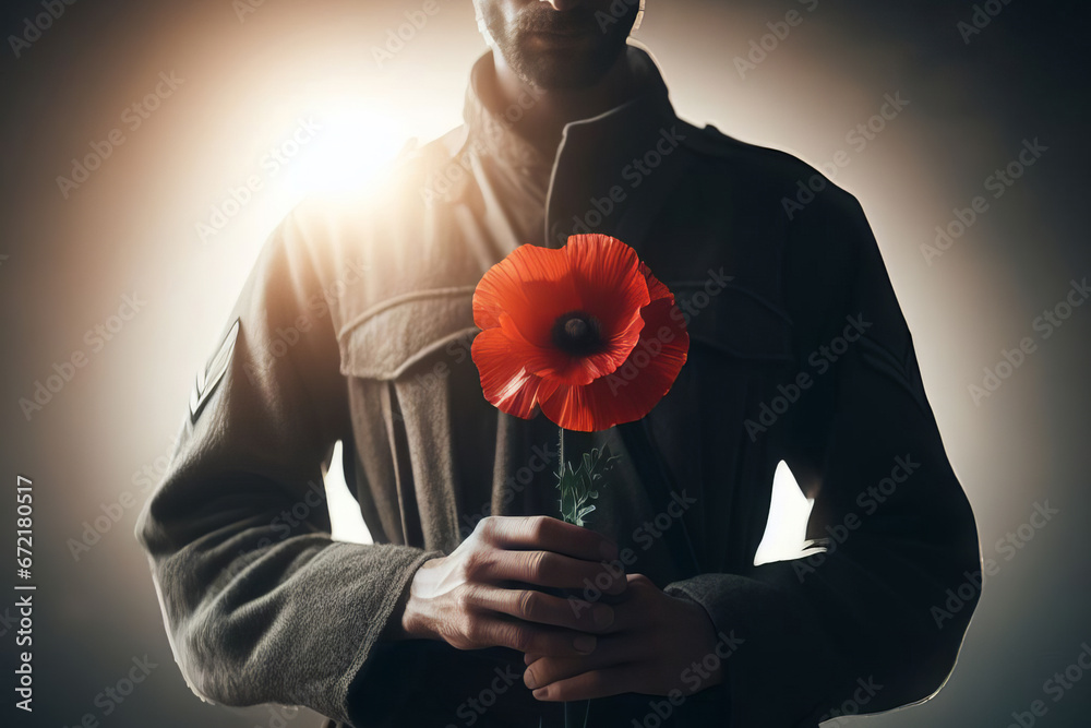 Soldier hands holding one wild red poppy flower. Remembrance Day ...