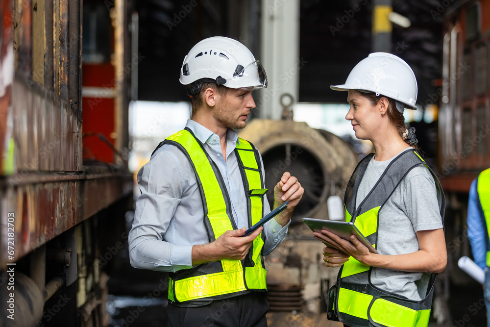 Team male and female railway technician engineer Inspect repair service ...